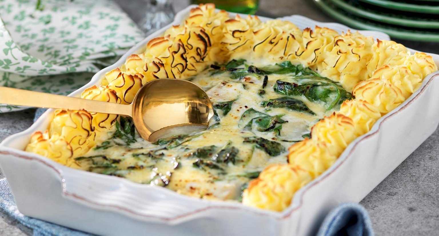 Torskgratäng med spenat och potatismos - Hemmets Journal